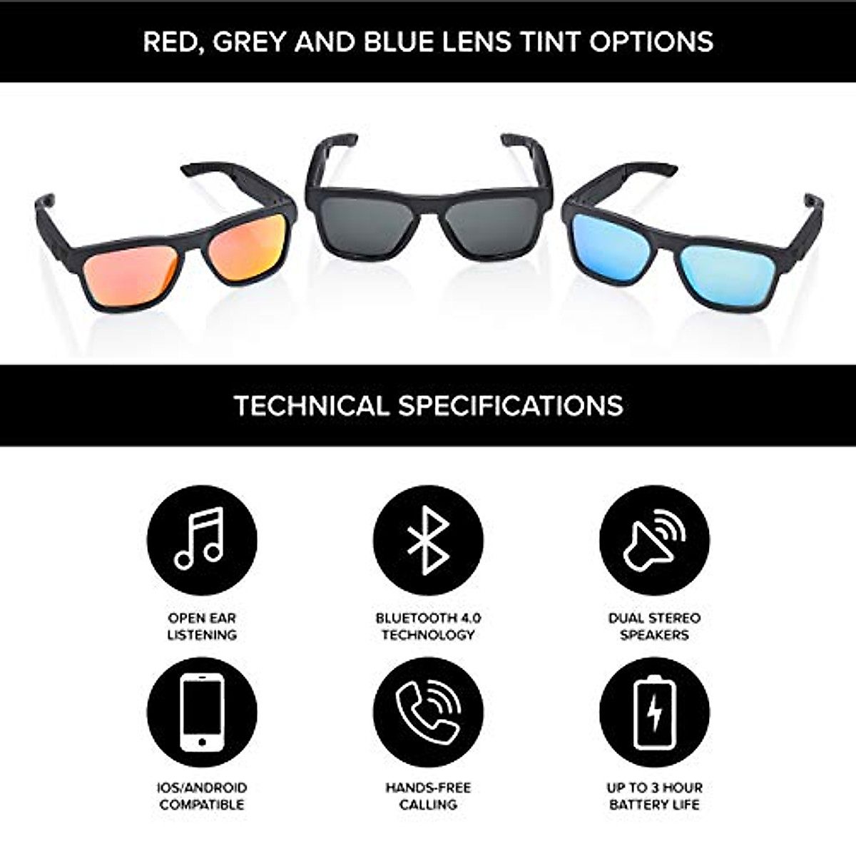 Inventiv Wireless Bluetooth Audio Sunglasses, Open Ear Headphones Music & Hands-Free Calling, for Men & Women, Polarized Glasses Lenses (Black Frame/Grey Tint)