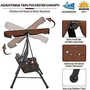 AECOJOY 3-Seat Proch Swing Chair, Patio Swing with Canopy, 2 Side Trays, 3 Pillows & Removable Cushion, Patio Wicker Swing with Stand Outdoor Swings for Adults, Balcony, Garden, Deck(Brown Rattan)