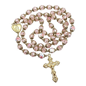 Nazareth Store Catholic Pink Crystal Beads Gold Rosary Flowers Beaded Necklace Holy Mary Heart Locket Medal & Cross Religious Amulet for Women
