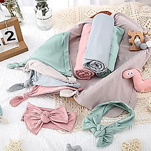 4 Set Newborn Swaddle and Headband Set Cotton Swaddle Hat Set Wrap Receiving Stretchy Swaddle Blankets Swaddle and Bow Set Newborn Beanie Newborn Hat and Swaddle (Light Green, Gray, Pink, Light Khaki)