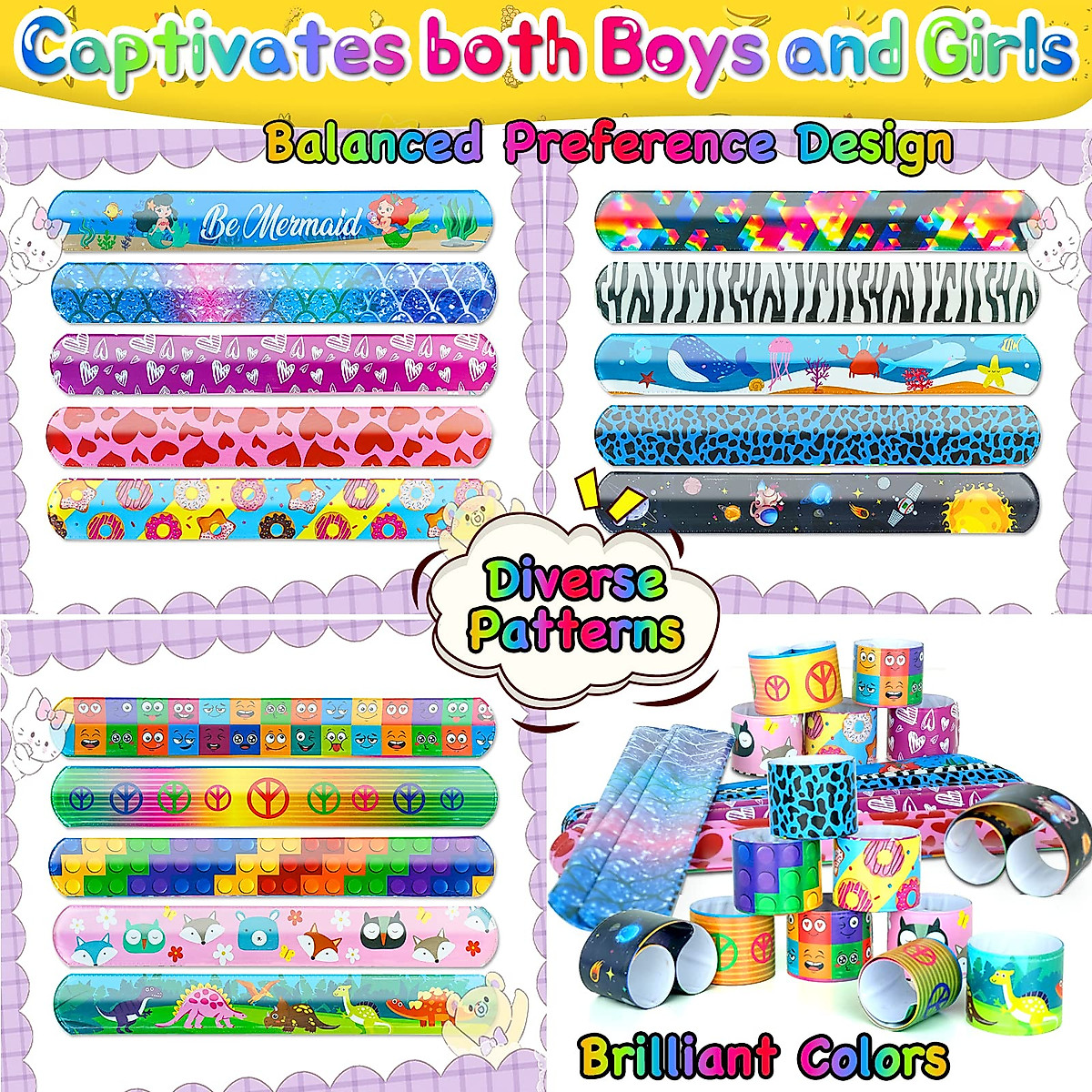 Slap Bracelets Kids Party Favors 48PCS Snap Bracelet Wrist Bands for Boys Girls Birthday Gift Treasure Box Classroom Rewards Goodie Bag Fillers Pinata Stuffers Xmas Easter Valentine Halloween Supplies