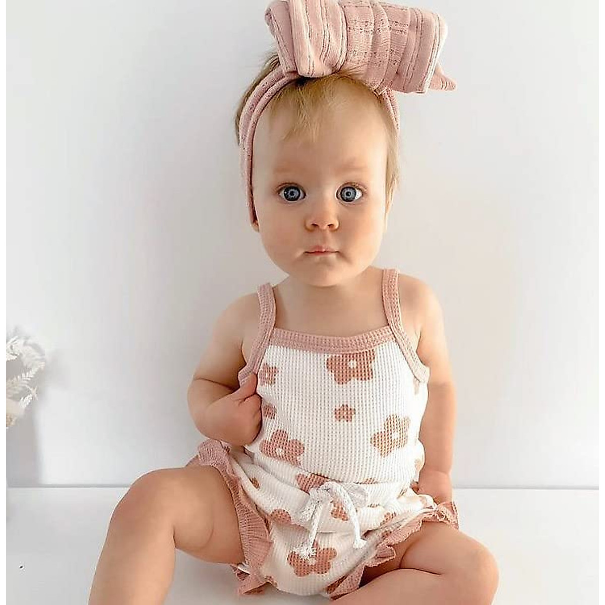 Newborn Infant Baby Girl Clothes Onesie Romper Shorts Set Floral Summer Outfits Cute Baby Clothes for Girls (Boho Khaki,12-18 Months)