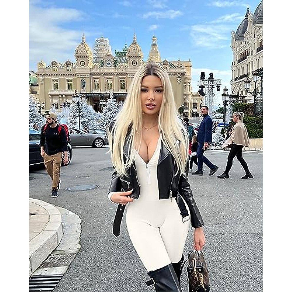 OQQ Women Yoga Jumpsuits Workout Ribbed Long Sleeve Zip Front Sport Jumpsuits Beige