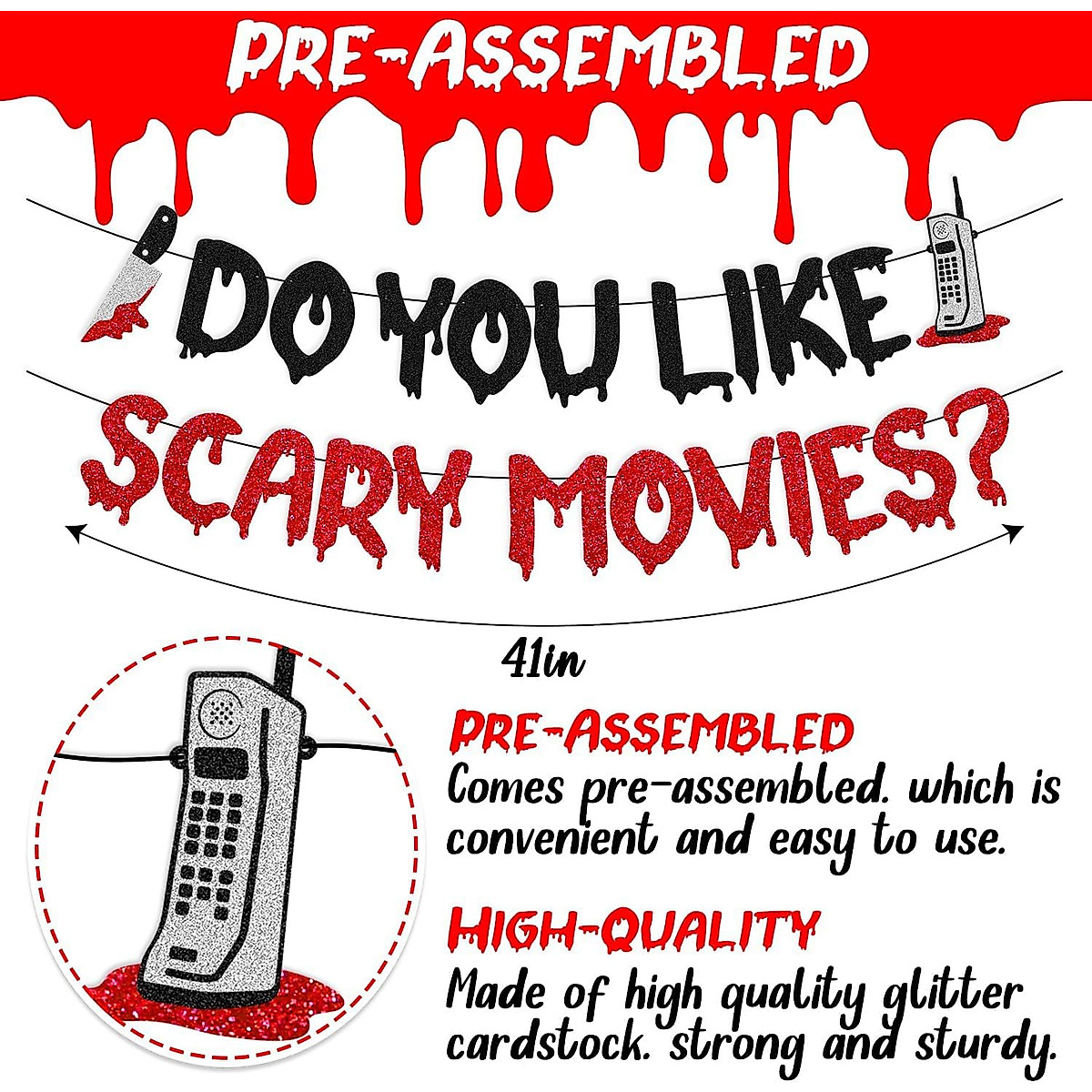 Halloween Decoration Do You Like Scary Movies Banner with 3D Bat Ornaments Hallow Horror Movies Night Party Decor Have a Killer Scream Party Decor Halloween Bloody Slayer Murder theme Spooky Creepy