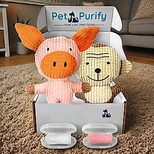 Pet purify Dog Toy, Interactive and Chewable, Ideal for Small and Medium Breeds. Dental Cleaning Toy Keeps Your Pet Busy. Plush toys. Squeaky Toy. 2 Soft Bristle Dog Toothbrushes. (Monkey and pig)