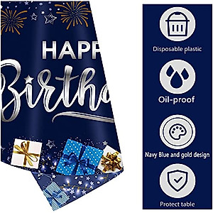 UOMNICUE Happy Birthday Tablecloths, 2 Pack Navy Blue and Silver Waterproof Stainproof Plastic Disposable Rectangle Birthday Table Cover for Kids Boys Girls Baby Shower Birthday Party Decorations