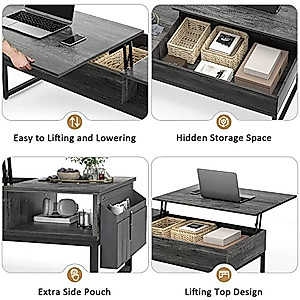 Aheaplus Lift Top Coffee Table with Storage, Wood Lifting Top Central Table Metal Frame, 43.3" Lift Tabletop Tea Table with Side Pouch, Cocktail Table Modern Pop up Adjustable Table for Living Room