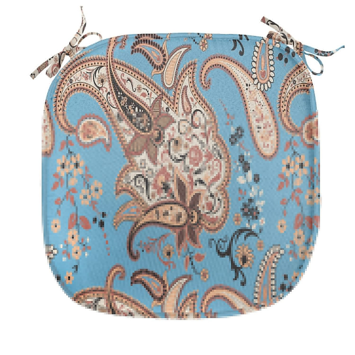 Lunarable Paisley Chair Seating Cushion Set of 6, Abstract Persian Paisley Design Floral Elements Vivid Color Palette Oriental, Anti-Slip Seat Padding for Kitchen & Patio, 16"x16", Blue Black Tan