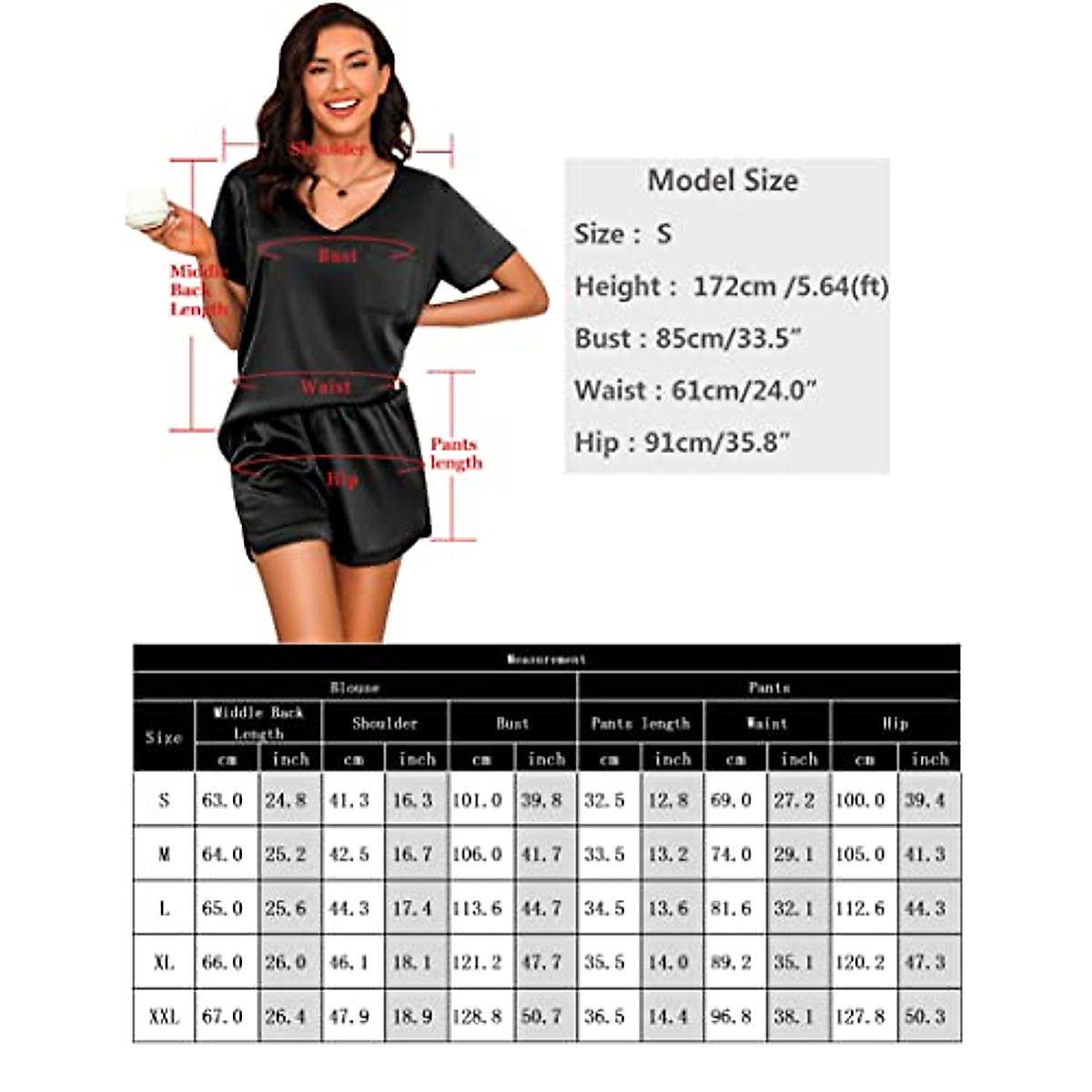 Litherday Women's Satin Silky Pajama Set Short Sleeve T-shirt with Shorts Set 2 Piece Pjs Lounge Set Black Medium