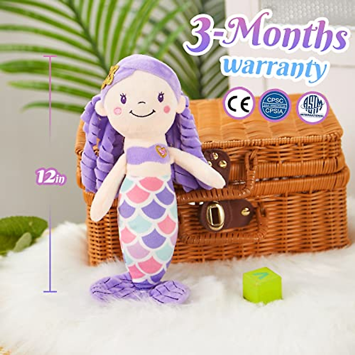 Athoinsu 12'' Purple Mermaid Stuffed Animal Soft Cute Adorable Mermaid Princess Plush Toy Doll Valentine's Day Birthday Children's Day Decors for Toddler Girls