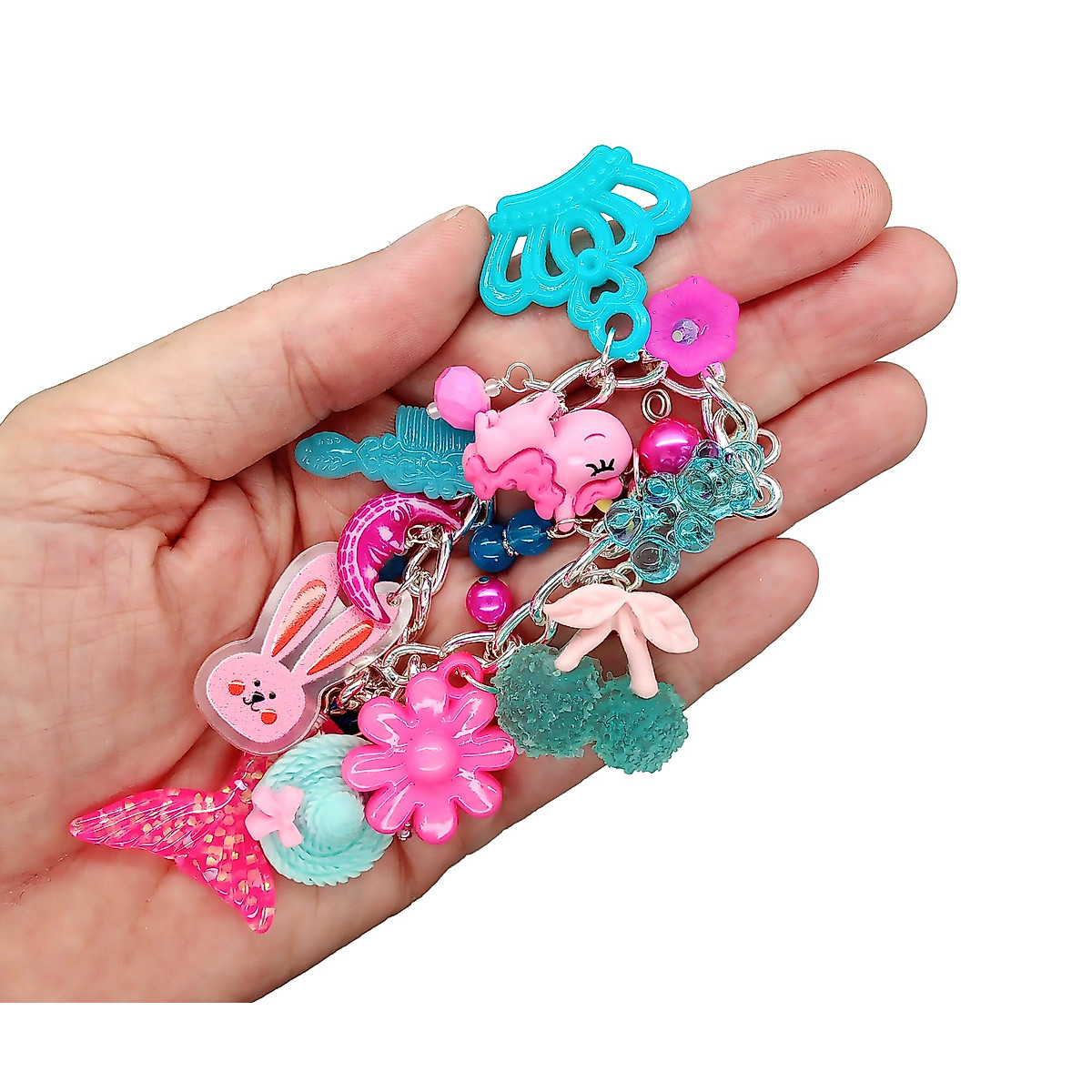 Pink and Blue Chunky Charm Bracelet with Kawaii Charms, Resin Cabochon Pendant Chain, Mermaid Unicorn and Fruit Theme, Adjustable