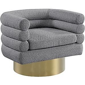 Meridian Furniture 544Grey Tessa Collection Modern | Contemporary Boucle Fabric Upholstered Swivel Accent Chair with Brushed Gold Base and Deep Channel Tufted Back, Grey, 33.5" W x 28" D x 26.5" H