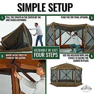 Hike Crew 12’x12’ Pop-Up Gazebo Screen Tent | 6-Sided Outdoor Canopy Shelter w/Built-in Zippered Wind Panels, Built-in Awning, Stakes, Ropes & Carry Bag for Camping & Sports | UV Resistant SPF 50+