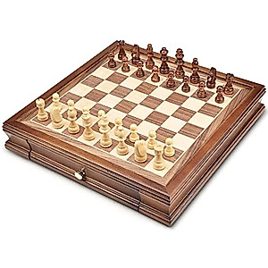 AMEROUS 12.8" x 12.8" Magnetic Wooden Chess Set with 2 Built-in Storage Drawers - 2 Bonus Extra Queens - Gift Packaging - Staunton Chess Pieces, Board Games Chess Sets for Adults and Kids