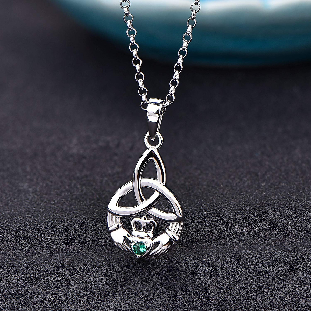 JO WISDOM 925 Sterling Silver Irish Celtic Heart Claddagh Pendant Necklace with Emeral Birthstones