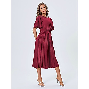 Milumia Women's Elegant Belted Pleated Flounce Sleeve Long Dress Burgundy Large