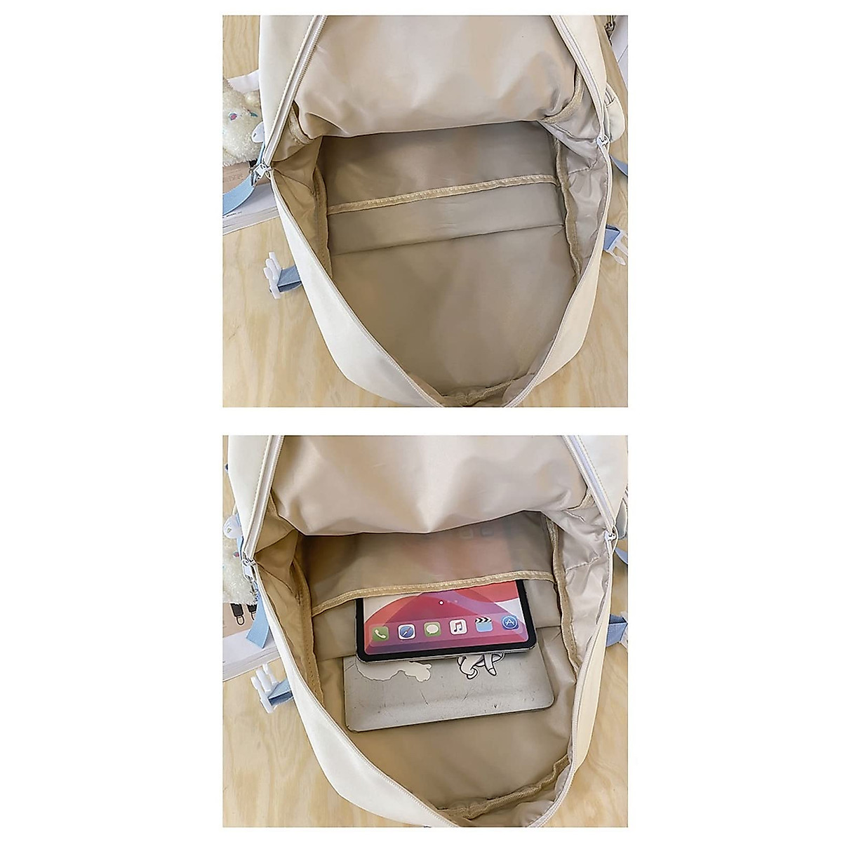 Aesthetic Backpack with Purse and Plushies Cute Kawaii Backpack with Accessories Japanese Backpack for School Teen Girls (Beige Light Blue)