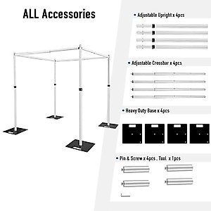 Hecis Portable Backdrop Stand with Crossbar, Adjustable Pipe and Drape Backdrop Kit for Event， Party, Trade Shows and Wedding Decor, 10FT Square Backdrop Frame