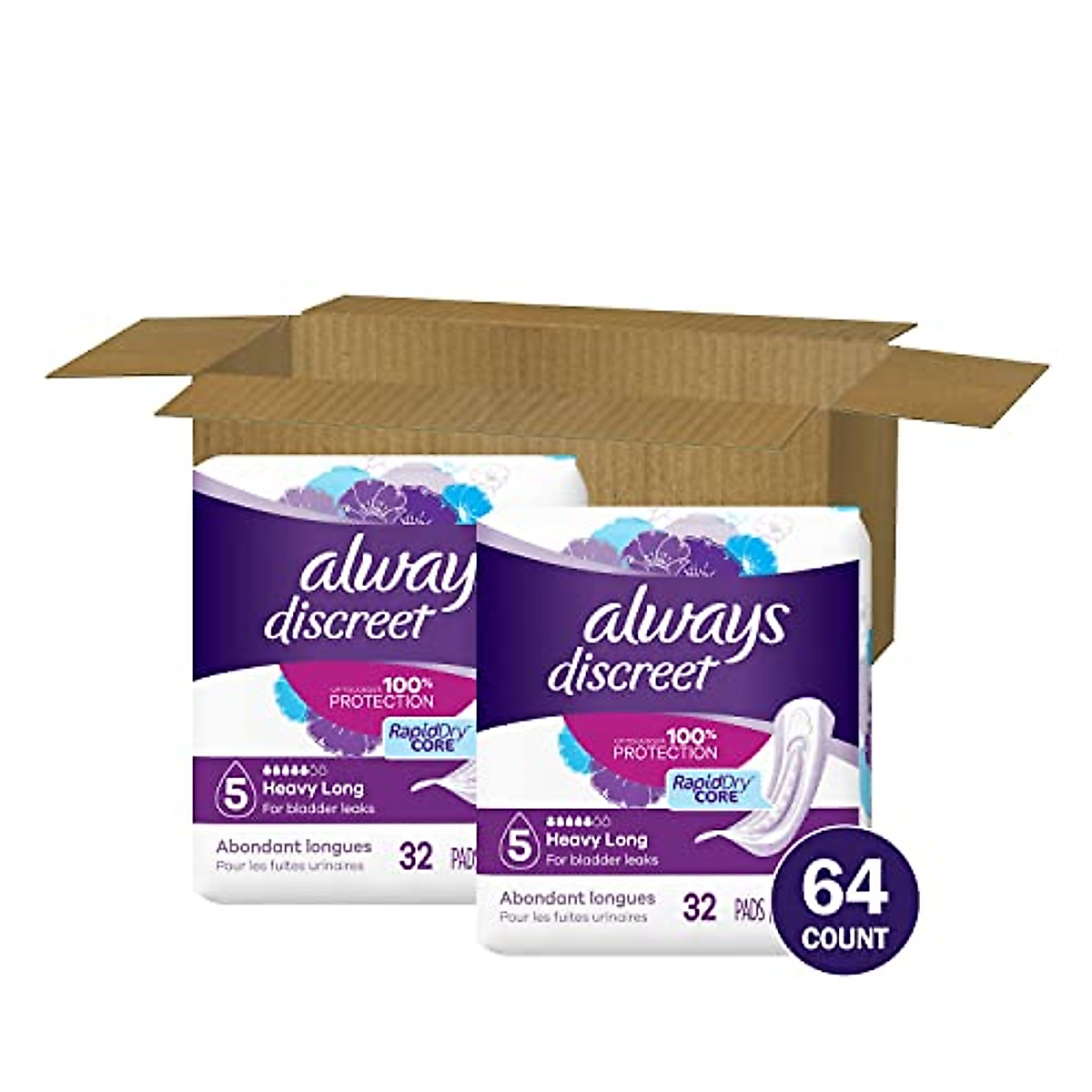 Always Discreet, Incontinence & Postpartum Pads for Women, Size 5, Heavy Absorbency, Long Length, 32 Count x 2 Pack (64 Count total)