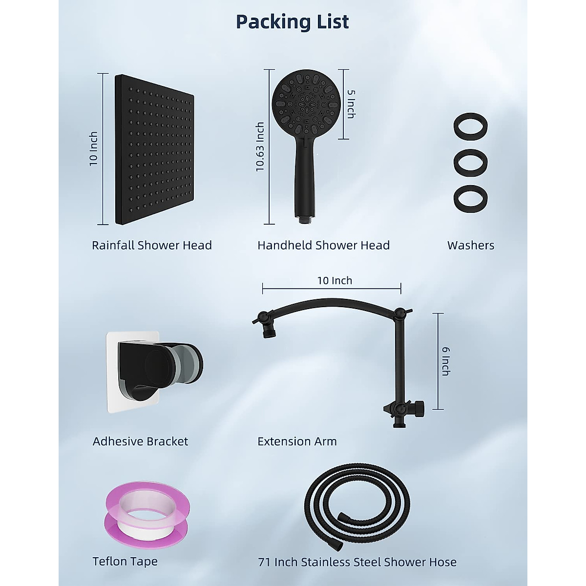 Hibbent Thickness 10'' Rain Shower Head, High Pressure Handheld Spray, Showerhead Combo with 16'' Adjustable Arc Shower Extension Arm, 7 Settings, 71'' Hose, Adhesive Shower Holder, Oil-Rubbed Bronze