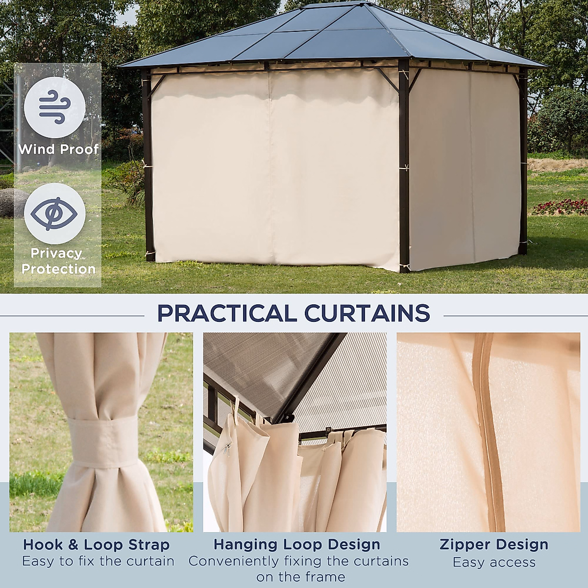 Outsunny 10' x 12' Hardtop Gazebo Canopy with Polycarbonate Roof, Aluminum Frame, Permanent Pavilion Outdoor Gazebo with Netting, for Patio, Garden, Backyard, Deck, Lawn, Dark Brown, Off-White