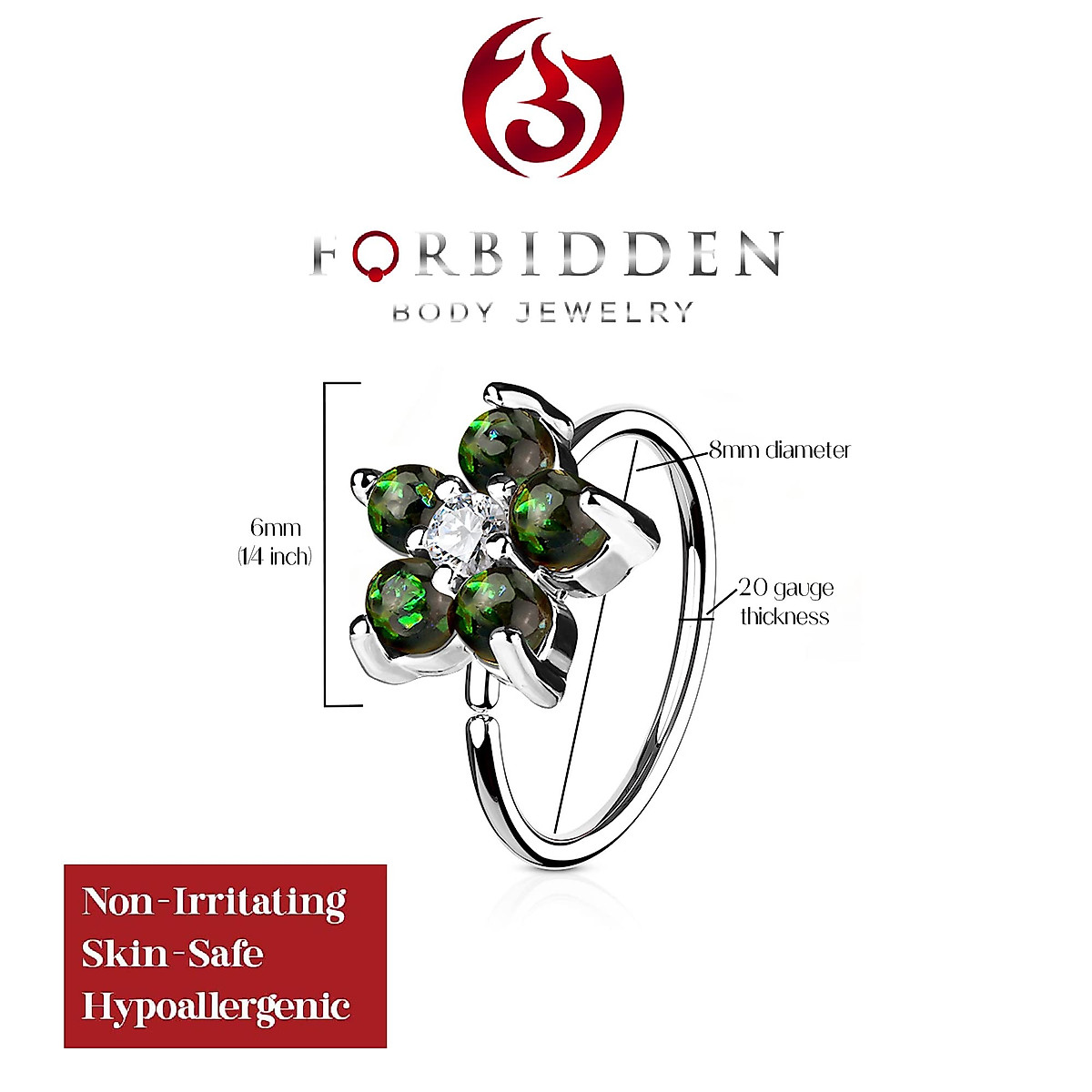Forbidden Body Jewelry 20g 8mm Surgical Steel Dark Green Opalite Flower and CZ Nose Ring and Cartilage Hoop