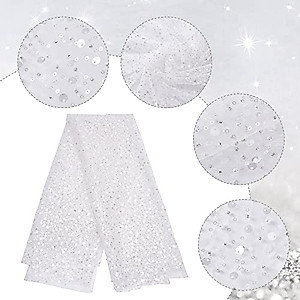 BENECREAT 63x39 Inch Glitter Tulle Fabric with Sequin and Beads, White Ribbon Netting Fabric for Clothing Accessories Sewing Quilting Apparel Crafts Decor