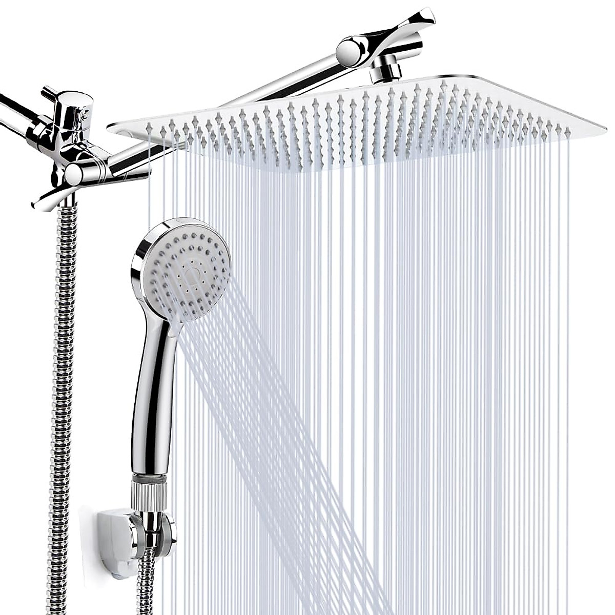 kaqinu Shower Head , 8 Inch High Pressure Rainfall Shower Head / Handheld Showerhead Combo with 11 Inch Extension Arm, Anti-leak Shower Head with Holder/ Hose, Flow Regulator, Chrome
