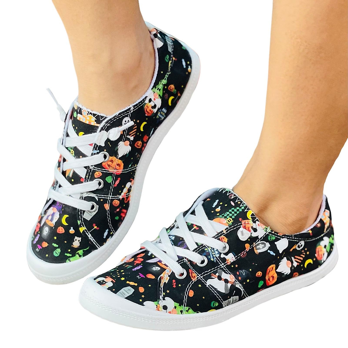 Halloween Shoes for Women Halloween Sneakers Pumpkin Shoes for Women Skeleton Shoes Casual Fashion Skull Head Print Lace Up Low Top Loafers Comfortable Walking Shoes