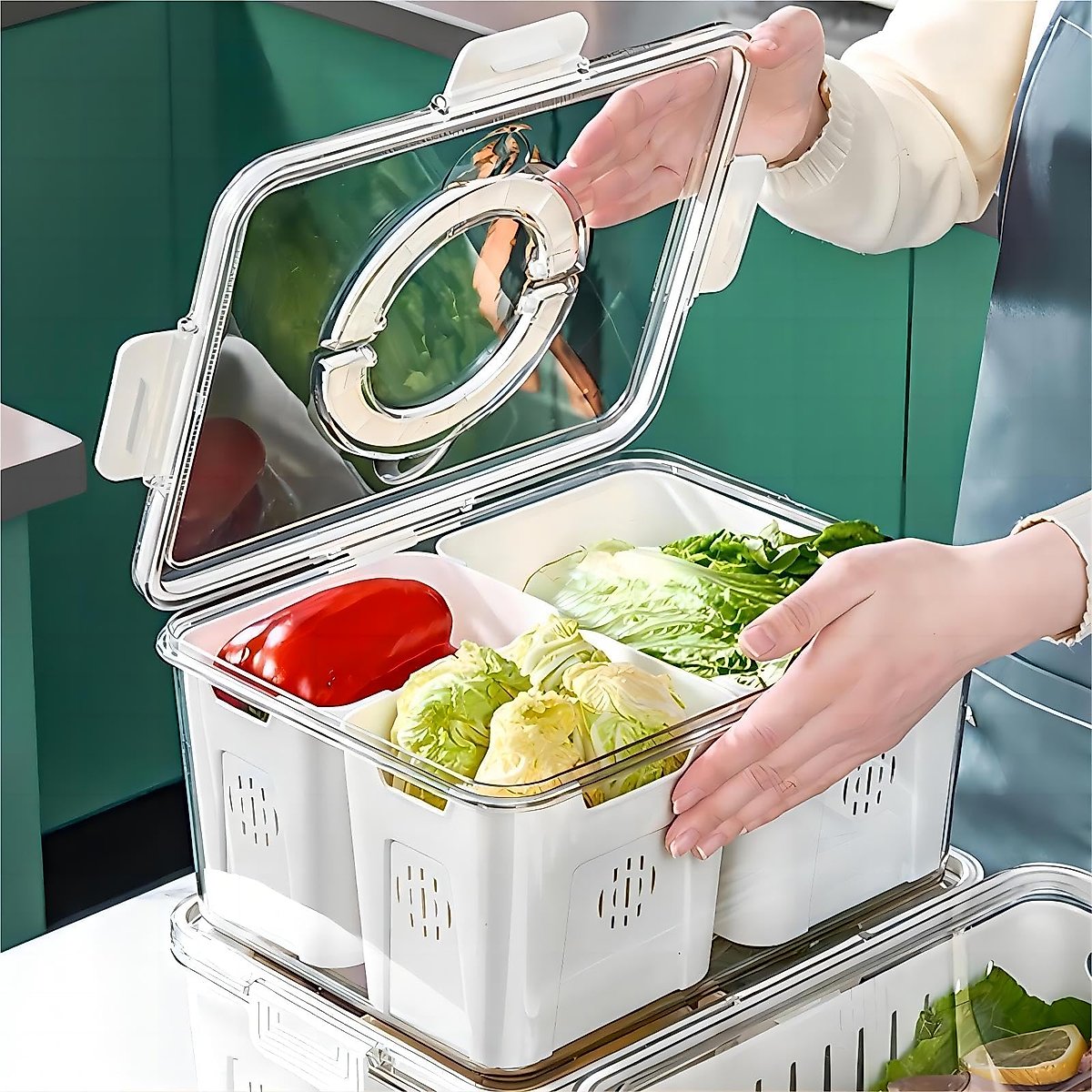 Fruit Containers for Fridge，Fresh Food Containers for Refrigerator，Fruit Containers for Fridge Keep Fresh，Food Box Container with 3 Removable Colanders for Berry，Vegetable, Refrigerator Organizer Bins