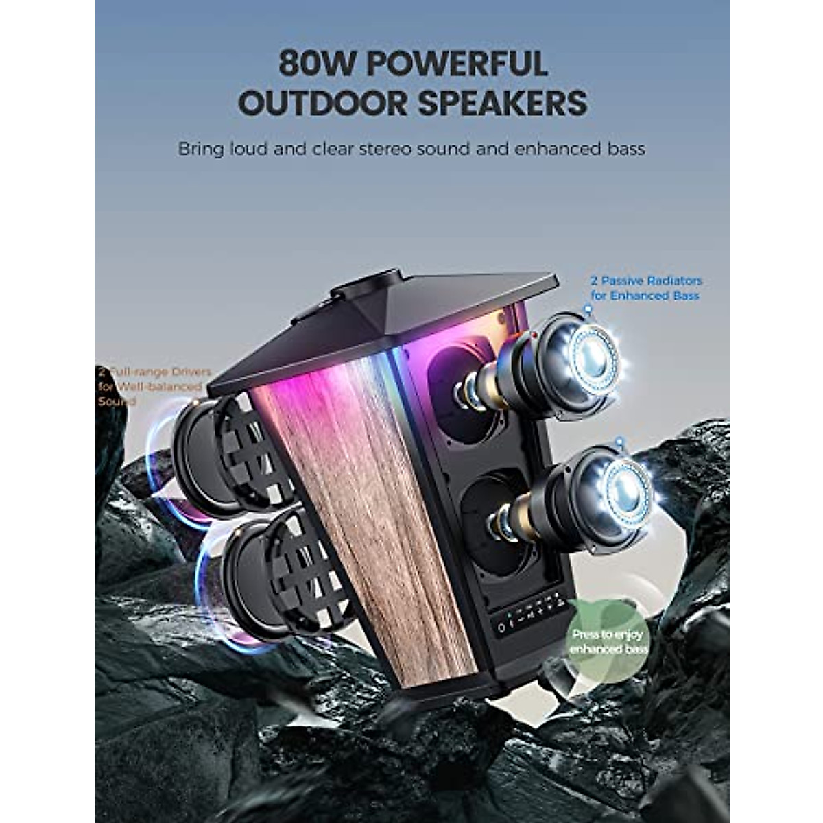 Bluetooth Speaker, 80W Outdoor Waterproof Wireless Speaker with Punchy Bass & Beat-Driven Lights Show, Multi-Sync up to 100 Speakers, Big Loud Surround Stereo Sound System for Party/Pool/Patio, 2 Pack