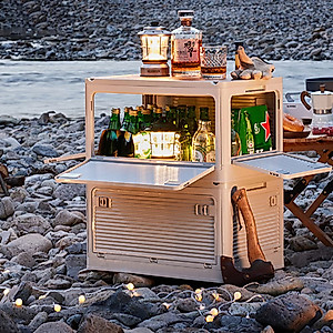 Radefasun Foldable Storage Bins with Wood Lids Plastic Collapsible Storage Box with Cutting Board Portable Stackable Grocery Container Folding Latching Storage Crate with Removable Pulley (S, Khaki)