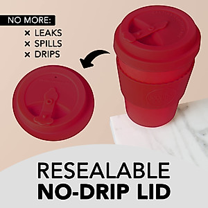 Ecoffee Cup Reusable Sustainable To-Go Travel Coffee-Cup Portable Cups With No Leak Silicone Lid - Dishwasher Safe (14oz, Red Dawn)