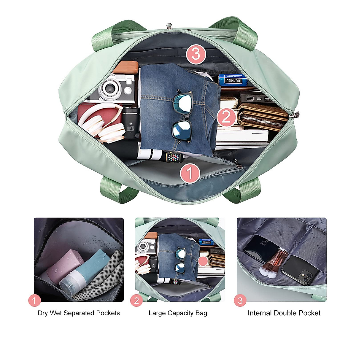 Weekender Bag for Women, Heavy Duty Travel Tote Bag Sports Gym Bag Foldable Carry On Bag Large Overnight Bag with Wet Pocket Hospital Bag for Labor and Delivery - Green