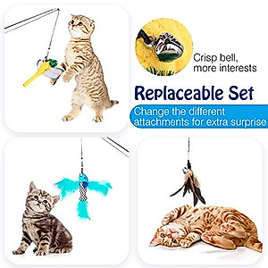 Pawaboo Cat Feather Toys, 4 Pack Interactive Cat feather Teaser Wand Toys, Retractable Fishing Pole Wand Catcher Exerciser with Refill Fish, Dragonfly Worm with Bells, Fun Cat Kitten Kitty Playing Toy