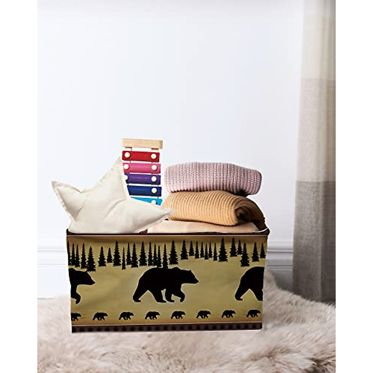 Storage Cubes Organizer with Handles, Black Forest Bear Animal Silhouettes on Retro Backdrop Storage Bins Fabric Collapsible Storage Baskets for Shelf Closet Nursery Cloth Organizers Box 1pcs