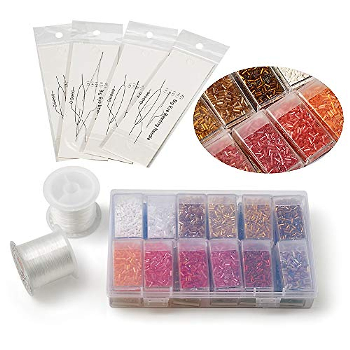 Craftdady 6400Pcs 24 Colors Glass Bugle Seed Beads 4.6-5mm Tube Spacer Loose Pony Beads with 4Pcs Big Eye Beading Needles, 2 Rolls Crystal Thread for Jewelry Making