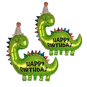 2 Pcs Dinosaur Balloons Birthday Decoration for Kids, 35 Inch Big Green Foil Happy Birthday Dino Balloon for Wild One Baby Shower Jungle Safari Animal World Themed Party Supplies Decor