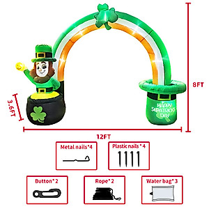 KOOY 12FT Giant St Patricks Day Inflatables Outdoor Decorations,Leprechaun Inflatable Blow Up Lucky Shamrocks Rainbow Arch,St Patricks Day Blow up Decorations with LED Light St Patricks Day Decoration