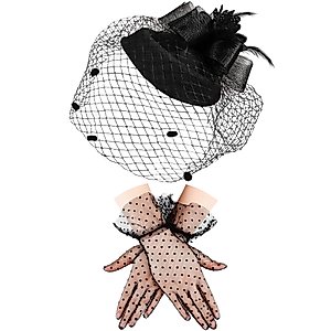 Feather Veil Mesh Hat Lace Short Glove 50s Costume Accessories for Women Wedding