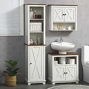 kleankin Slim Bathroom Storage Cabinet with Triple Open Shelves & Cupboard, Wooden Freestanding Linen Tower Tall Skinny Bathroom Storage Cabinet with Door and Shelf Adjustability, White