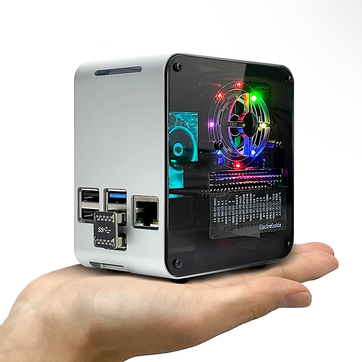 ElectroCookie Raspberry Pi 4 SATA SSD Support Case, Aluminum Mini Tower Case with Cooling Fan and Color Changing Ambient Light (Silver & Black)