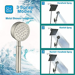 6 inch Shower Head with handheld, High Pressure 6" Rainfall Stainless Steel Shower Head/Handheld Shower with hose (Square, Chrome.)