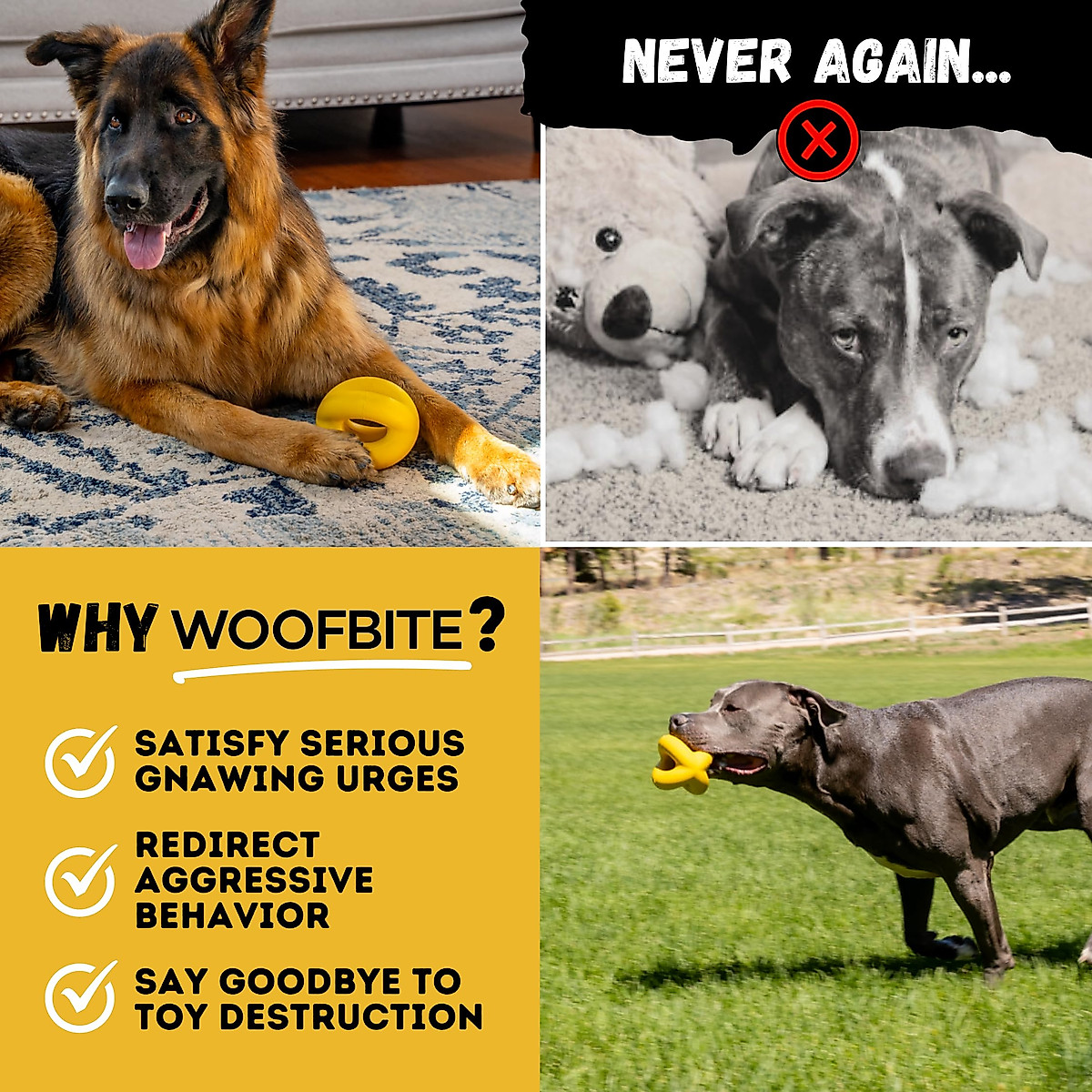 WoofBite Indestructible Ring Ball - Lifetime Replacement - for Aggressive Chewers, Medium Large Breed - Non-Toxic Natural Rubber Dog Toys - Butter Scent, Yellow (Highly Visible Color for Dogs) - 4.5”