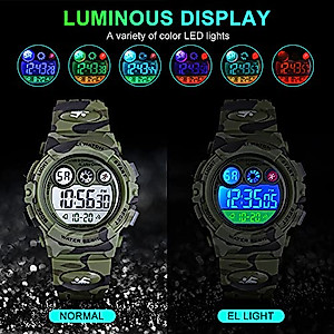 GOLDEN HOUR Watches for Kids Digital Sport Waterproof Boys Watch Outdoor 12/24 H Alarm EL Backlight Stopwatch Military Child Wristwatch Ages 5-15 (Camouflage Green)