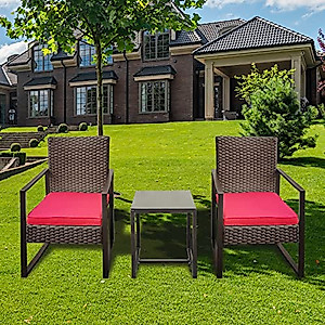 YIYAN 3 Pieces Outdoor Furniture Set Patio Rattan Wicker Chairs & teatable,Lawn Garden Balcony Backyard,with Washable Cushion (Red)
