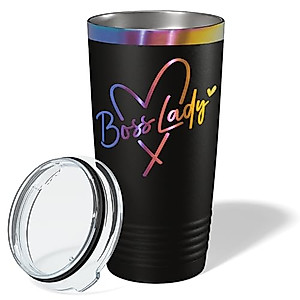 Boss Lady Big Heart Tumbler Birthday Gifts for Women, Coworker, Boss on Black with Ion Prism Design 20 oz Stainless Steel Insulated Cup with Lid - Travel Mug for Mom
