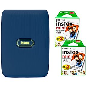 Fujifilm Instax Mini Link Smartphone Printer + Fujifilm Instax Mini Instant Film (40 Sheets) Bundle with Sturdy Tiger Stickers + Deals Number One Cleaning Cloth (Dark Denim)