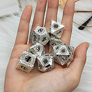 Metal Dice Set 7pcs DND - Table Game RPG Hollow Dice Silver and Black, with Metal Gift Box, Suitable for Dungeon and Dragon D&D MTG, Math Teaching, Polyhedron D4 D6 D8 D10 D10％ D20