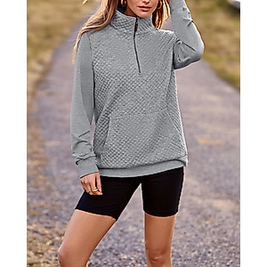 BTFBM Women Fashion Quilted Pattern Lightweight Zipper Long Sleeve Plain Casual Ladies Sweatshirts Pullovers Shirts Tops (Light Grey, Medium)